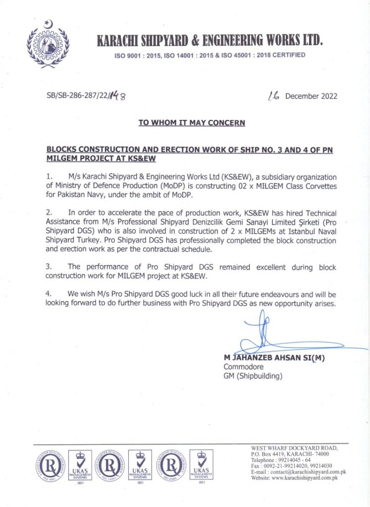 Letter of Appreciation from Ks&EW - Pro Shipyard DGS