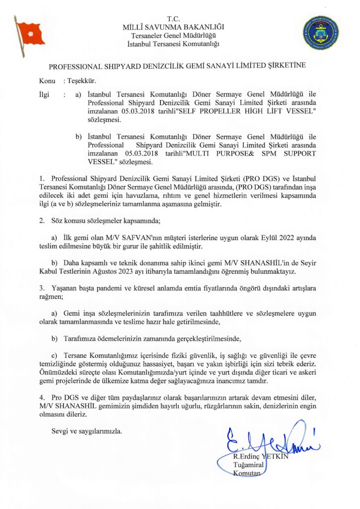 Letter of Appreciation from (Istanbul Shipyard Command) - Pro Shipyard DGS